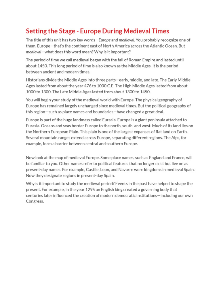 KWL Medieval Europe Text Excerpts | PDF | Europe | Middle Ages