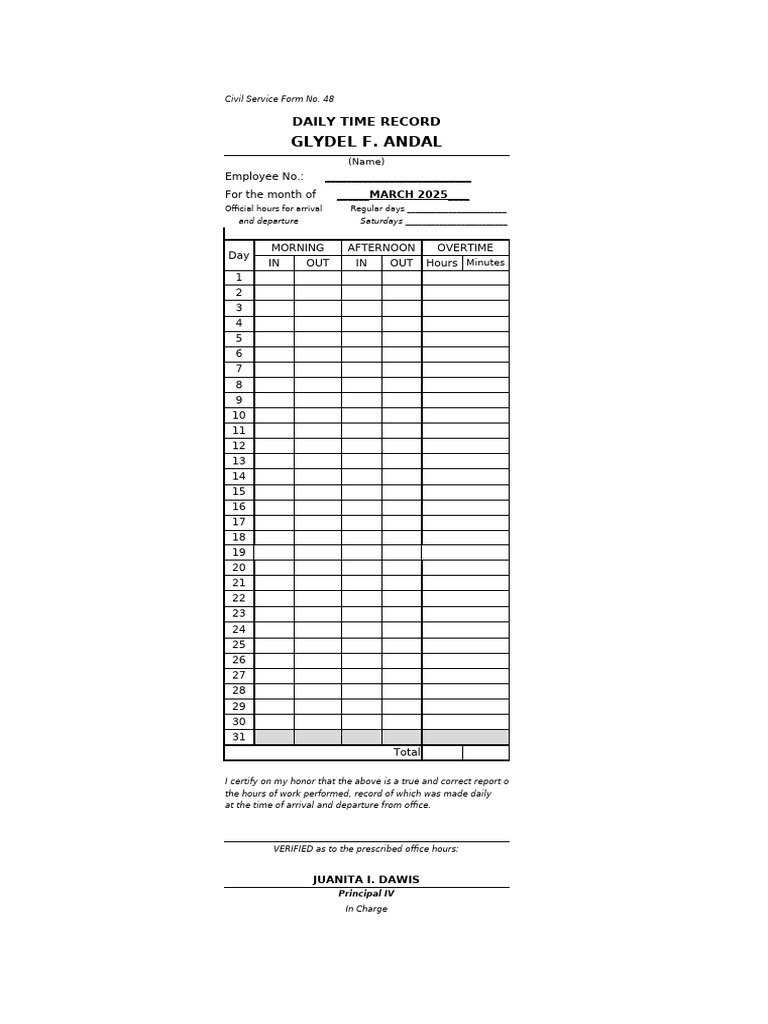 Template - Form 48 - Daily Time Record (DTR) | PDF