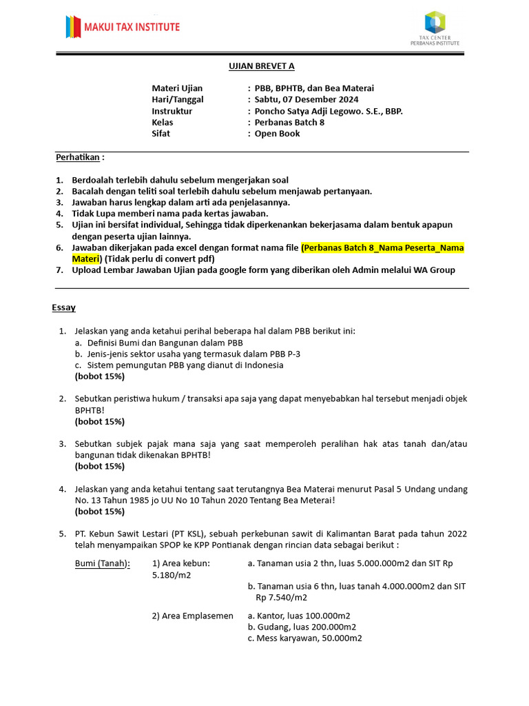 SOAL UJIAN BREVET A - PBB, BPHTB, Dan Bea Materai - Perbanas Batch 8 | PDF