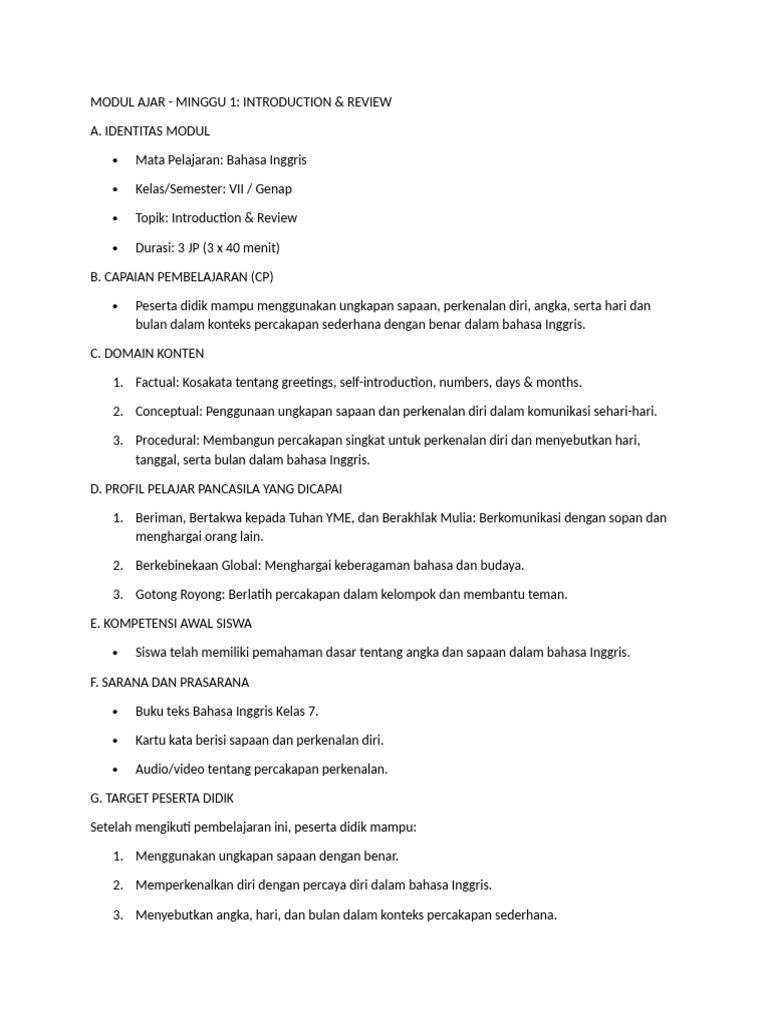 MODUL AJAR Minggu Ke 1 | PDF