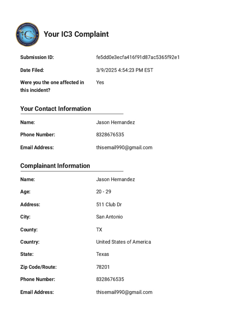 Complaint Submitted - Internet Crime Complaint Center (IC3) | PDF ...
