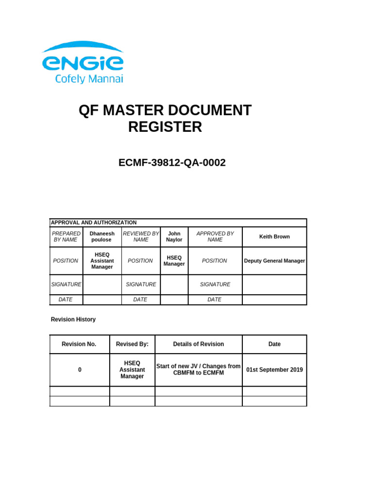 ECMF-39812-QA-0002 - QF Master Document Register | PDF | Safety