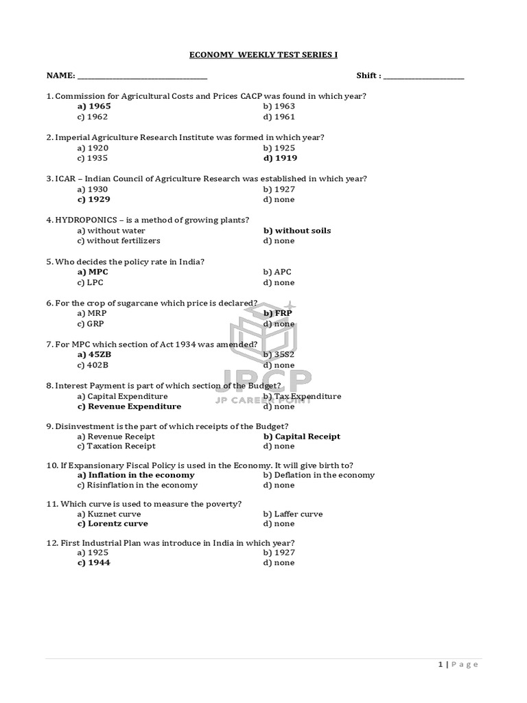 Economy Test Series - I Answer Key | PDF | Taxes | Public Economics