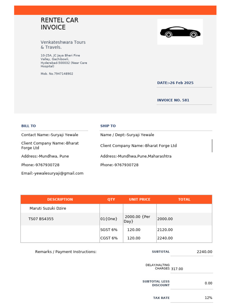Rent Car Invoice for Bharat Forge Ltd | PDF