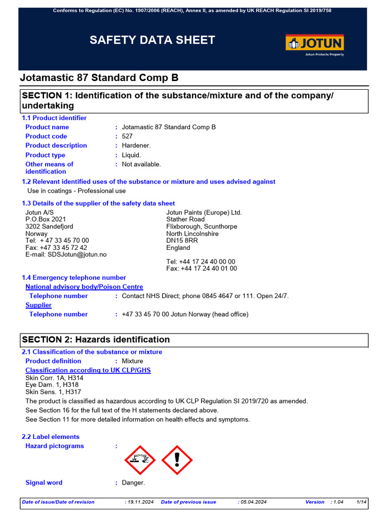Jotamastic 87 Comp B Safety Data Sheet | PDF | Toxicity | Firefighter