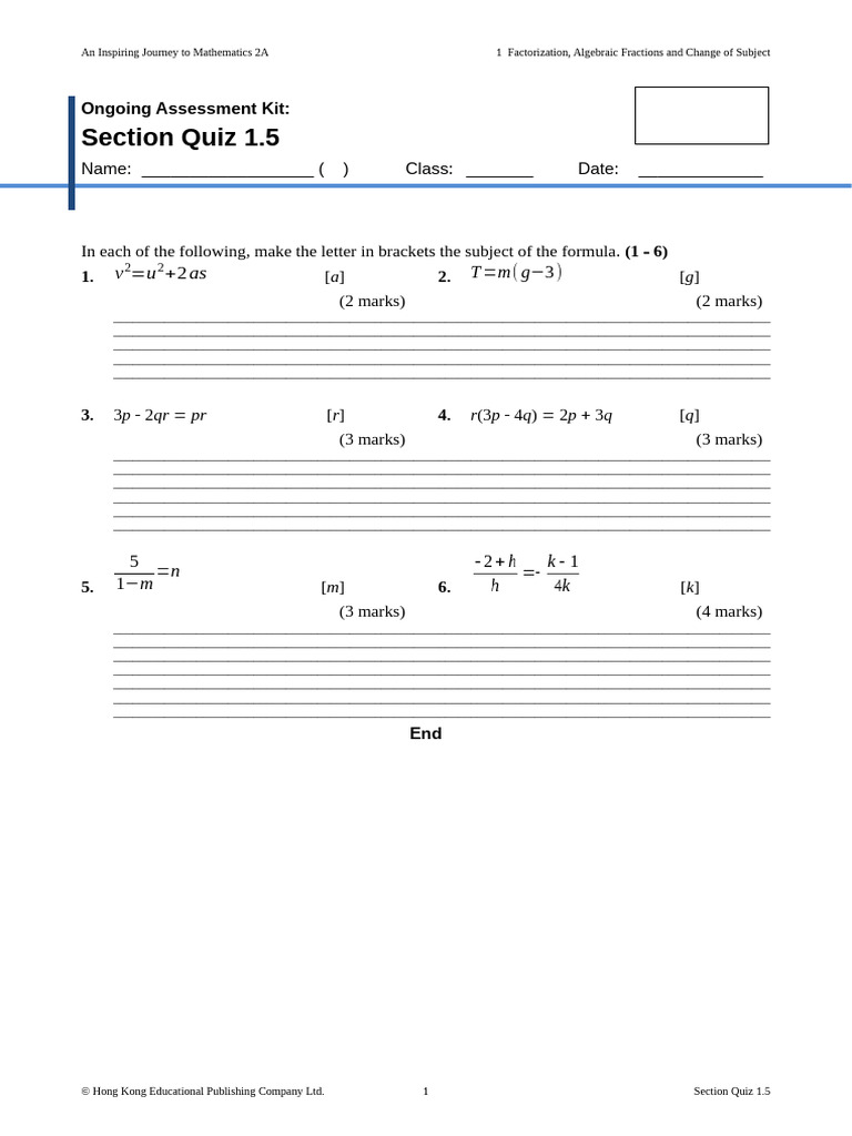 SectionQuiz 2A Ch01 1.5 S E | PDF