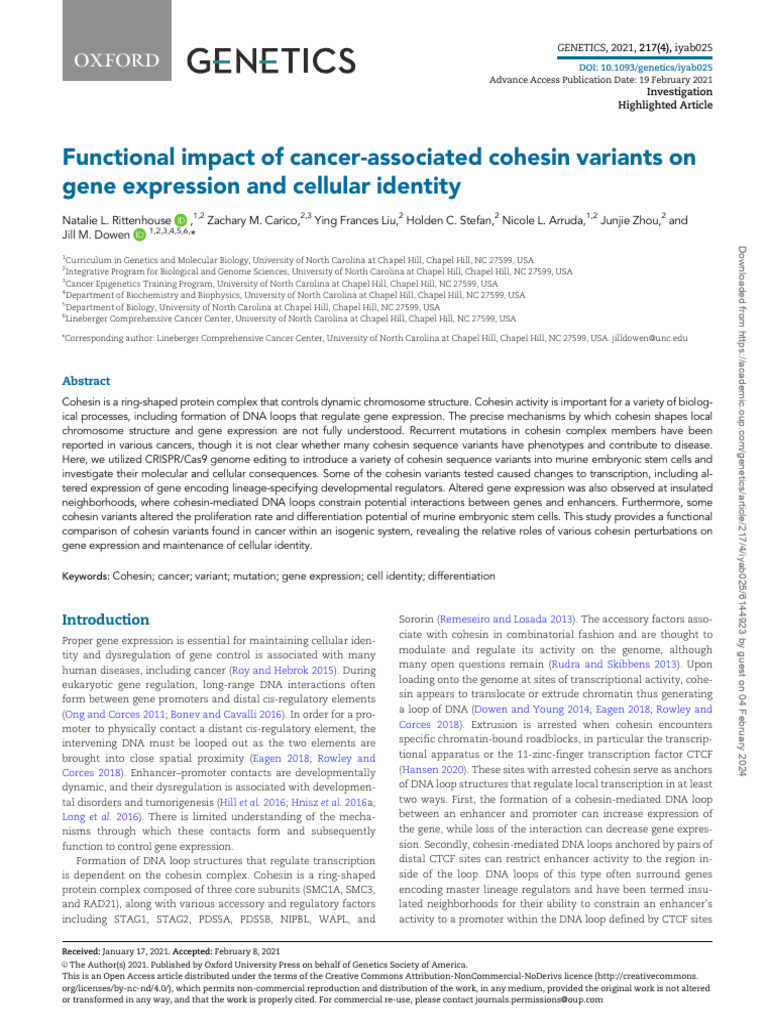 Functional Impact of Cancer-Associated Cohesin Rittenhouse Et Al 2021 ...