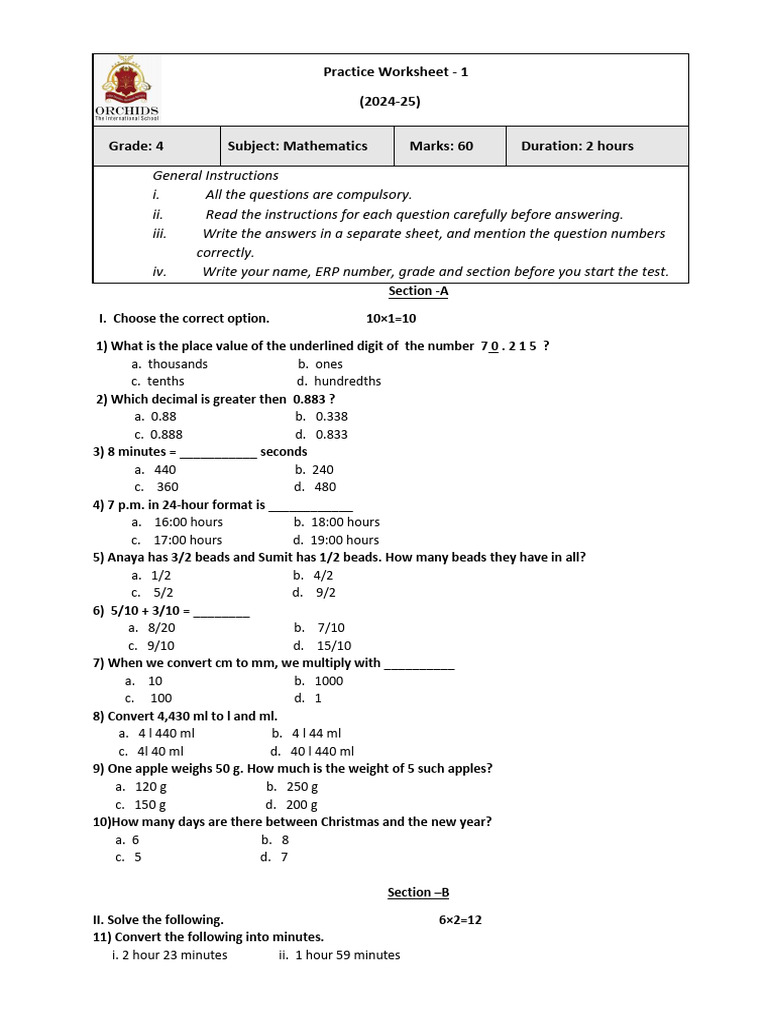 Grade 4 Mathematics Practice Worksheet | PDF