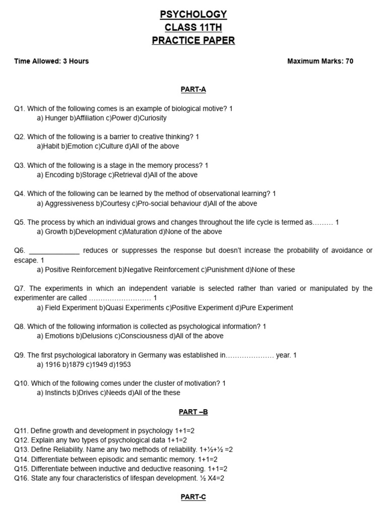 Class 11TH Practice Paper | PDF | Experiment | Psychology