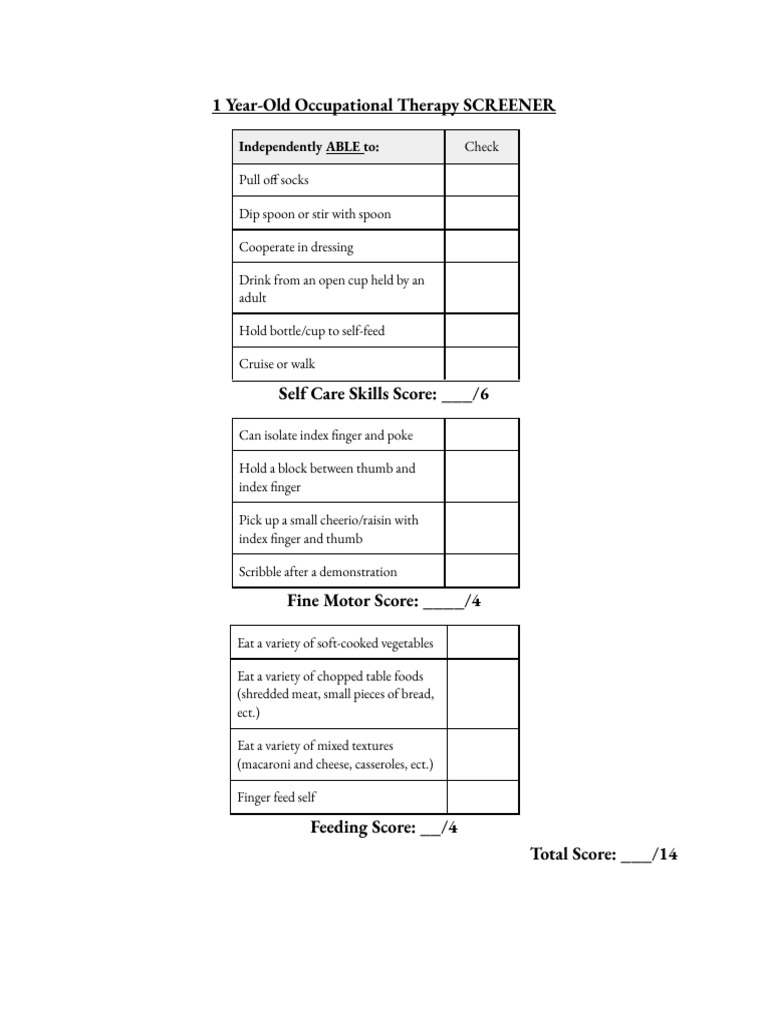 1 Year-Old Occupational Therapy SCREENER: Independently ABLE To | PDF ...