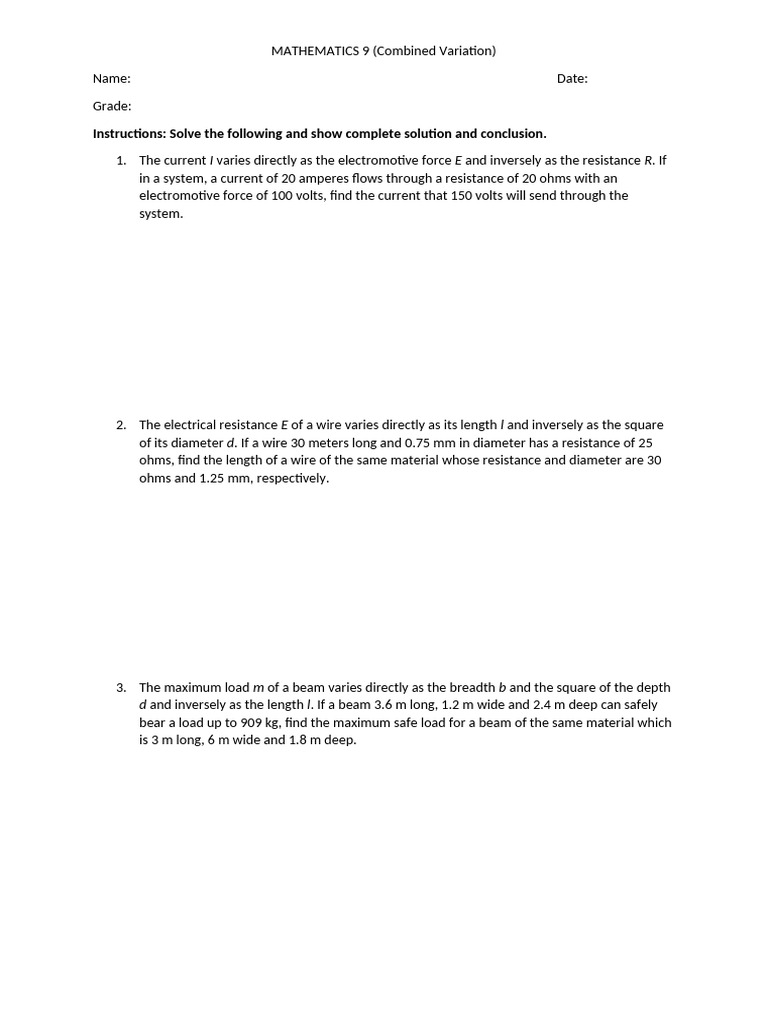 Combined Variation Problems in Mathematics | PDF