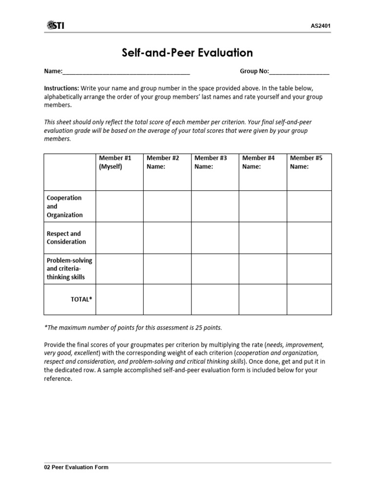 01 Self and Peer Evaluation | PDF | Brainstorming | Cognition