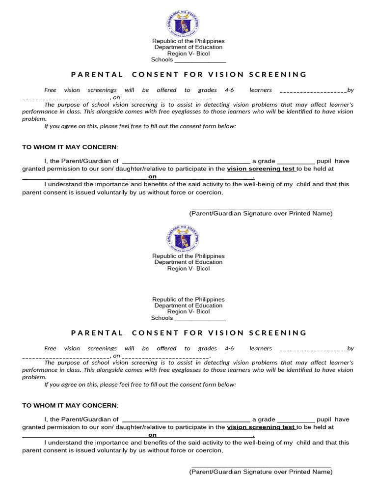 Vision Screening Consent Form | PDF | Eye