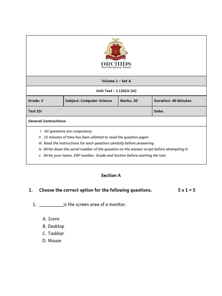 UT1 - V1 - Sample - Grade 3 - CS - QP - Set A | PDF