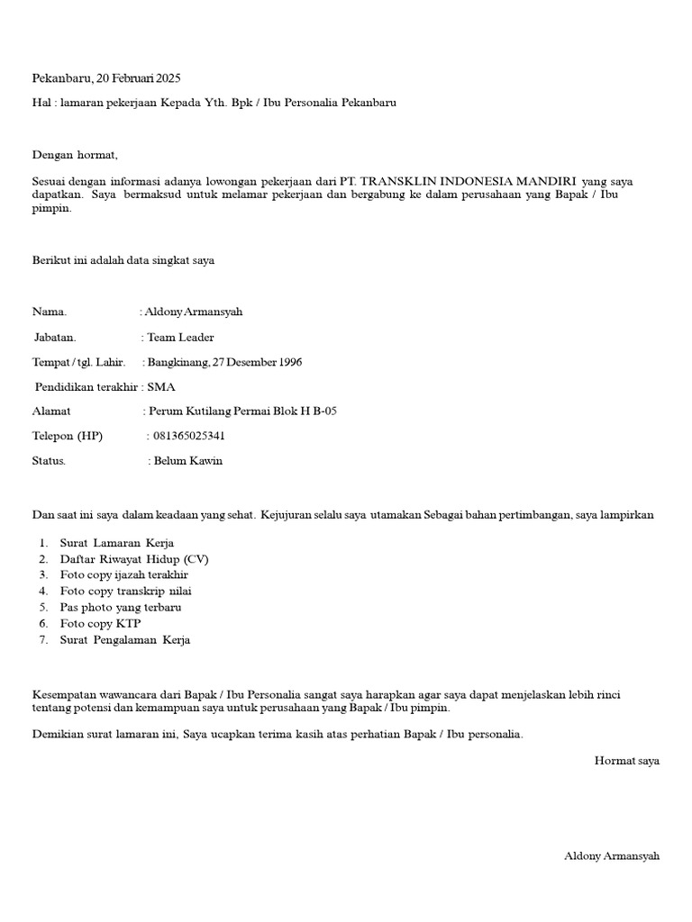 Lamaran Kerja .Docx - 20250219 - 194055 - 0000 | PDF