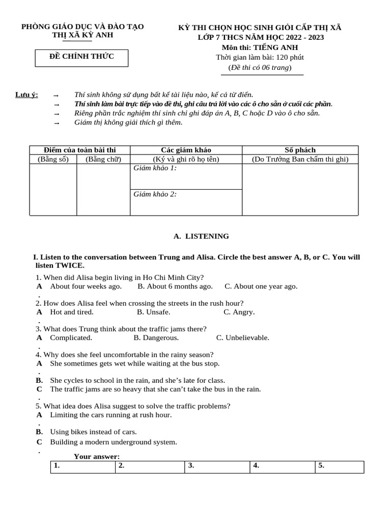 ĐỀ -ĐÁP ÁN HSG ANH 7 tx kỳ anh | PDF | Anger