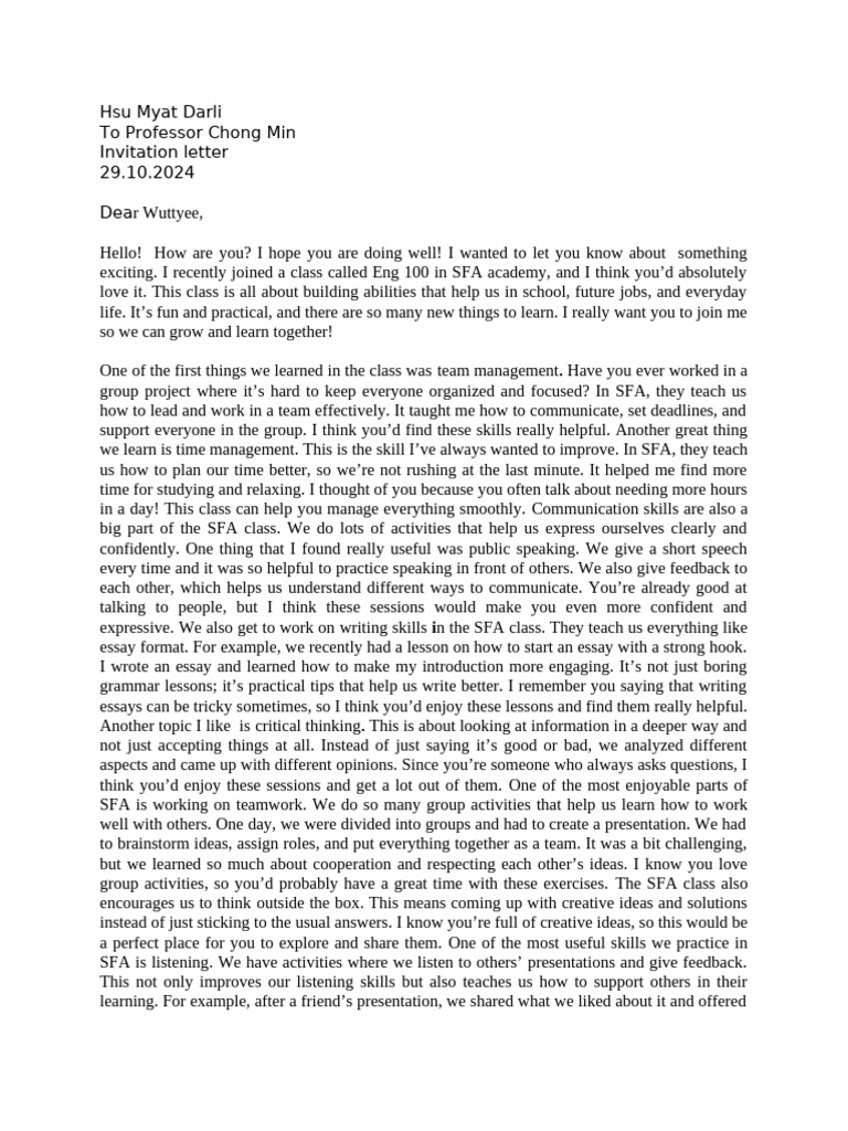 Invitation Letter by Hsu Myat Darli | PDF | Vocabulary | Essays