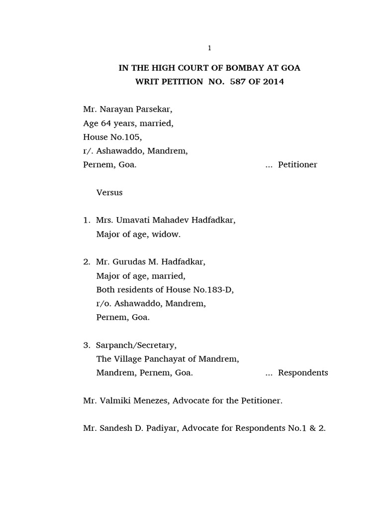 In The High Court of Bombay at Goa Writ Petition No. 587 of 2014 | PDF | Complaint | Justice