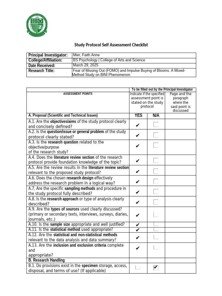 OLFU Research Checklist Protocol | PDF | Science | Methodology
