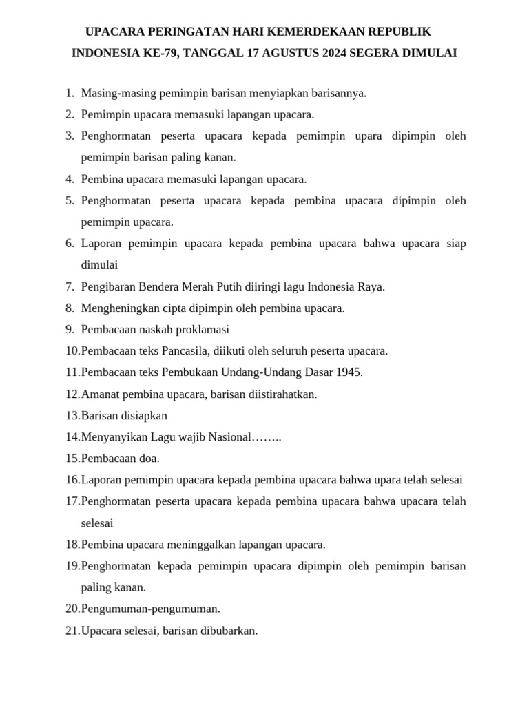 Protokol Upacara Bendera 17 Agustus SDN 018 TGR | PDF