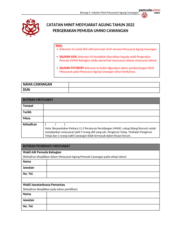 AGM - Borang A - Catitan Minit Mesyuarat Agung Cawangan Pemuda UMNO | PDF