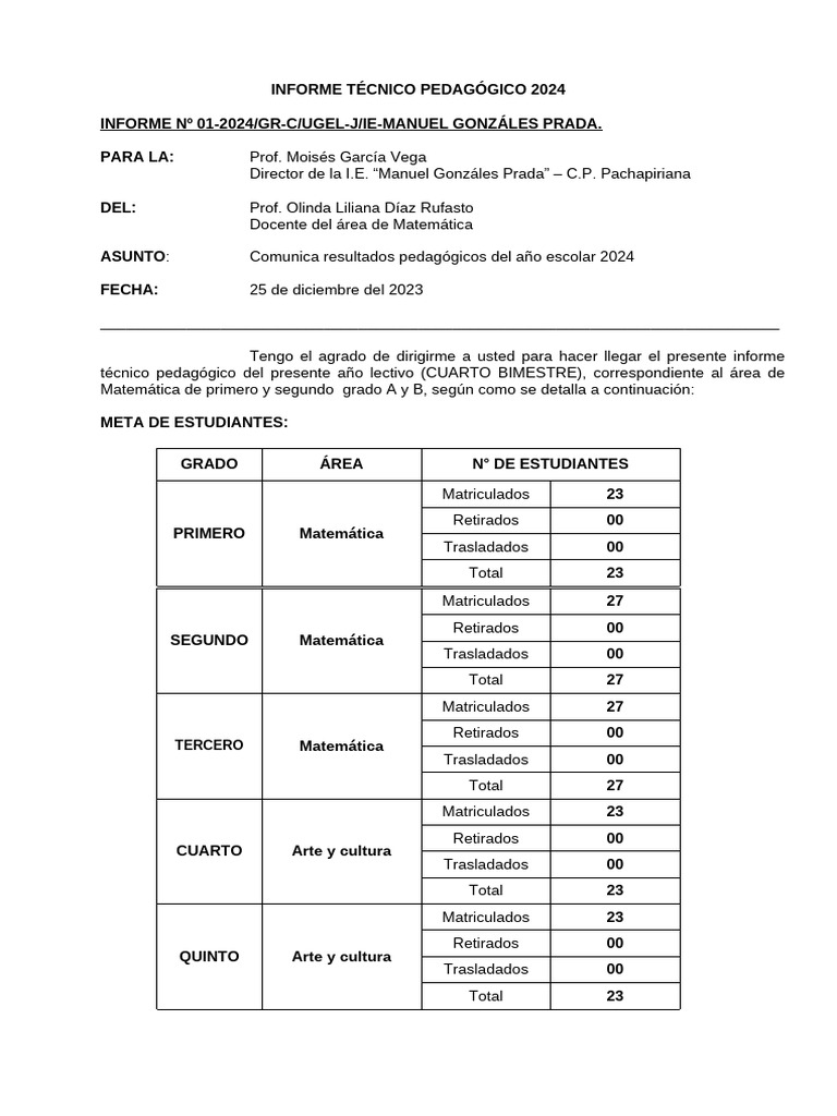 Informe Tecnico Pedagogico 2024 | PDF
