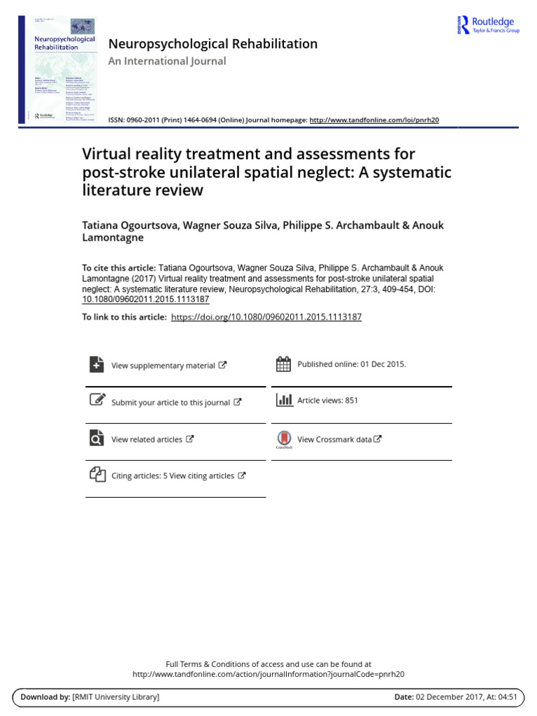 Virtual Reality Treatment and Assessments For Post-Stroke Unilateral ...