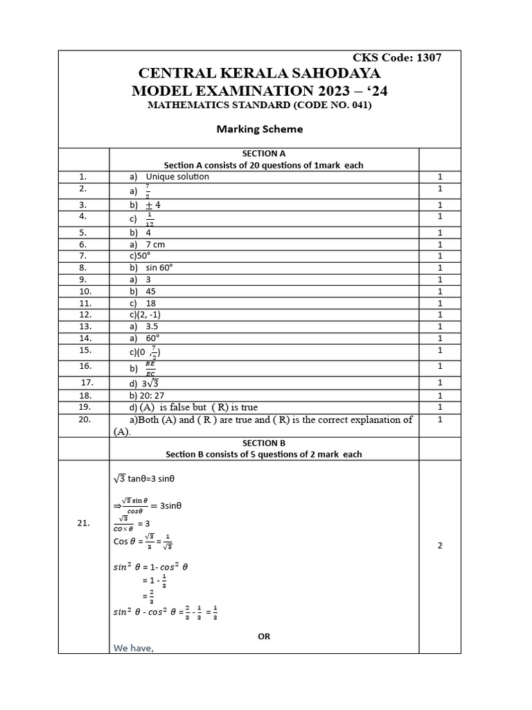 Maths - Answer Key - Class X - 1307 | PDF | Area | Sphere