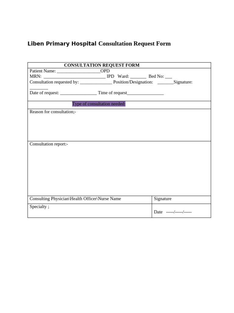 Consultation Request Form: Liben Primary Hospital | PDF