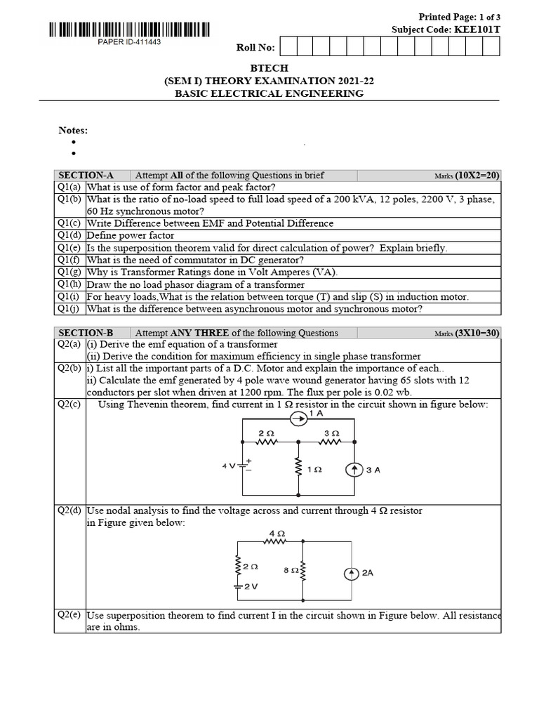 Basic Electrical Engineering Kee 101t 21 | PDF | Electric Motor | Transformer