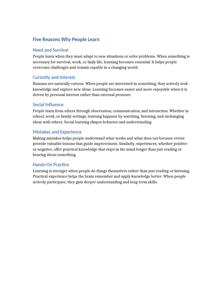 Five Reasons Why People Learn | PDF