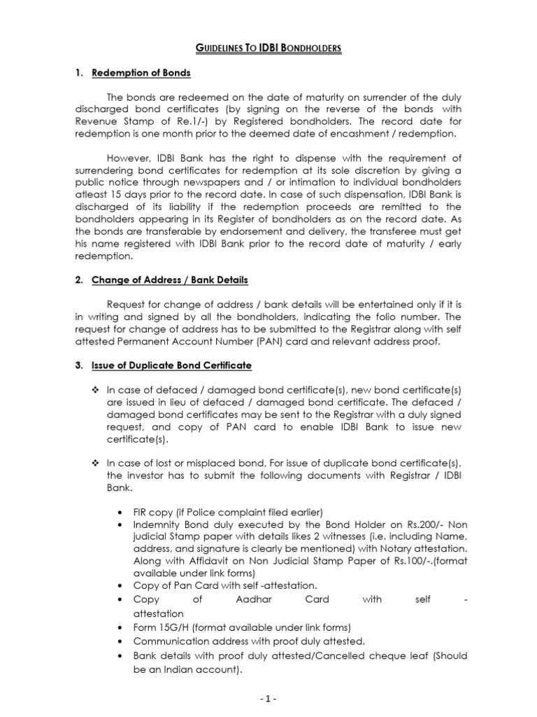 IDBI Bondholder Guidelines and Processes | PDF | Bonds (Finance) | Taxes