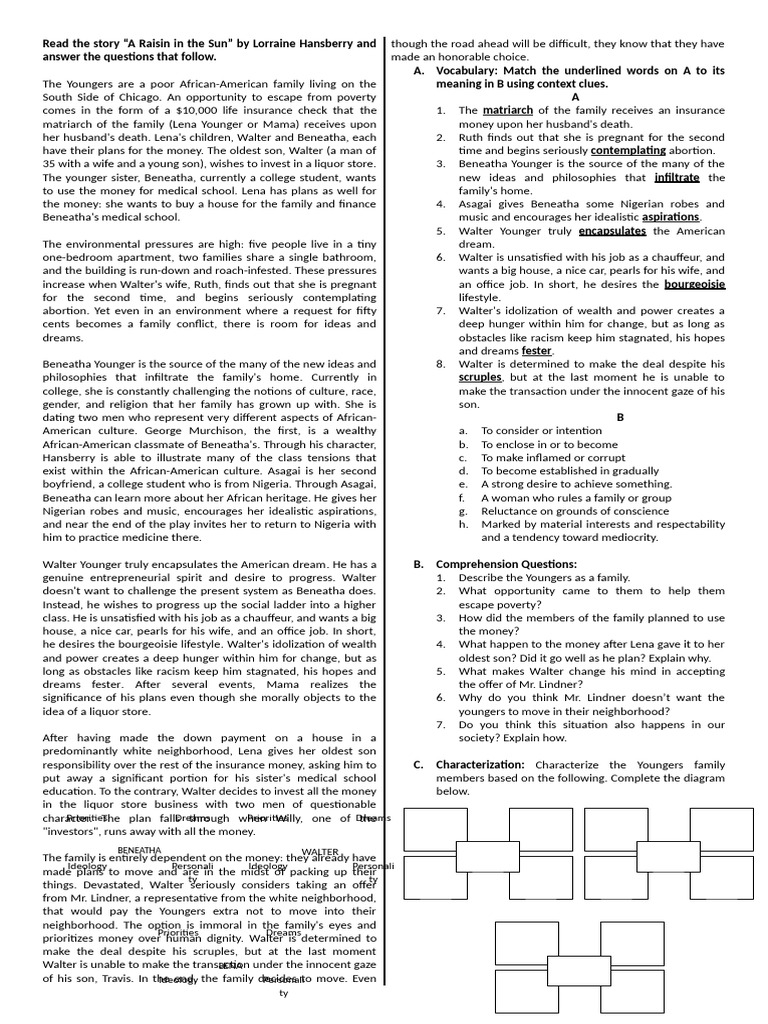Raisin in The SUn Activity | PDF