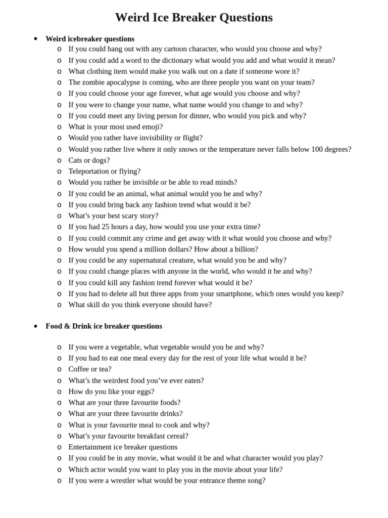 Unique Ice Breaker Questions List | PDF | Meal