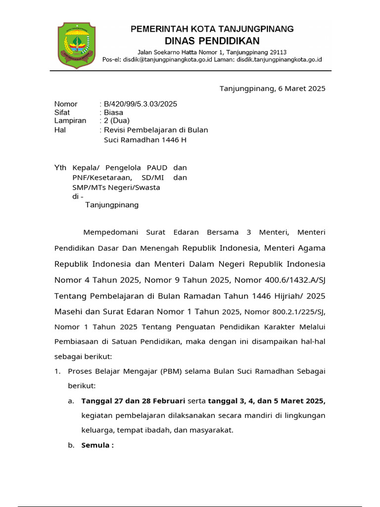 SURAT EDARAN PEMBELAJARAN BULAN RAMADHAN 1446 H. 2025 M REV (1) | PDF