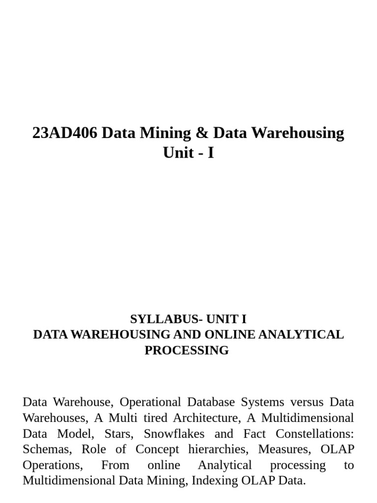 Data - Mining - Warehousing Unit I | PDF | Database Index | Data Warehouse