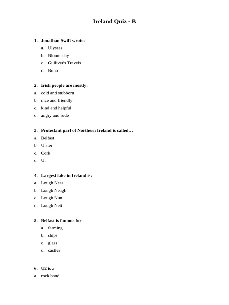 Ireland Quiz: Test Your Knowledge | PDF | Ireland | Dublin
