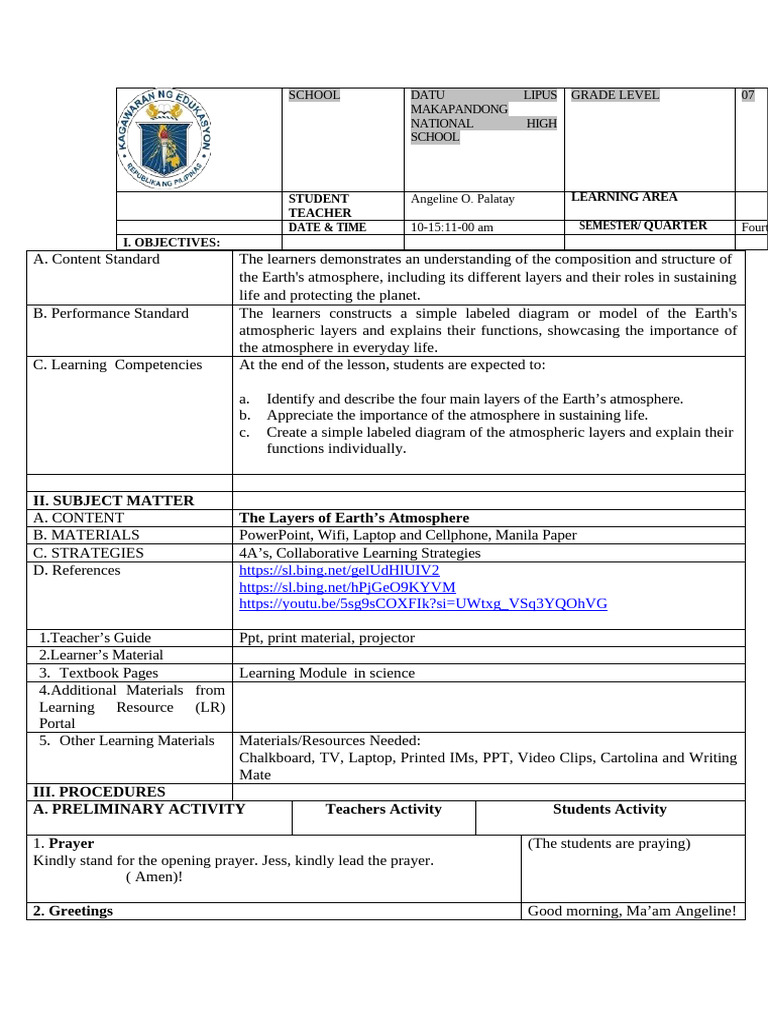 DLP-4rd-lesson-the-earths-atmosphere-Q-4-science (1) | PDF | Atmosphere ...