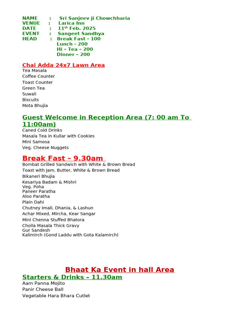 Dadi Dining Hall Menu for Sangeet Event | PDF | Sauce | Indian Cuisine