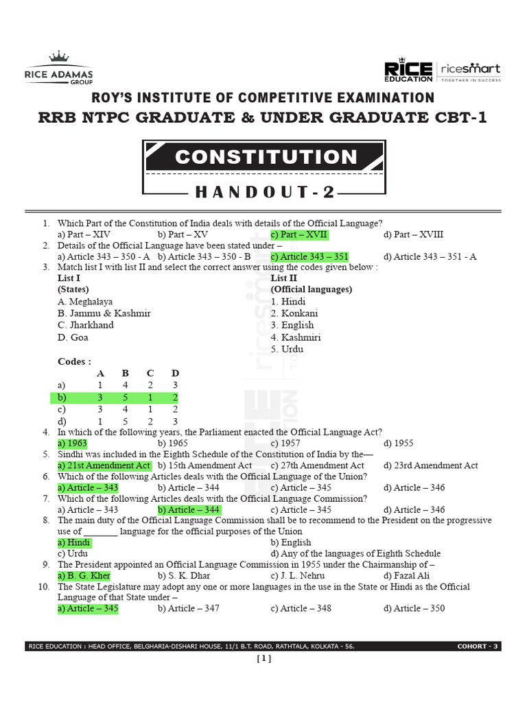 Constitution Handout - 2 (Q) Eng ver Cohort-3 (2) | PDF | Government