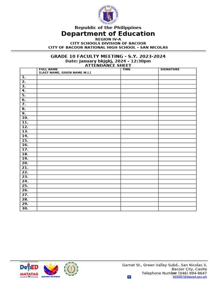 Grade 10 Faculty Meeting Attendance 2024 | PDF