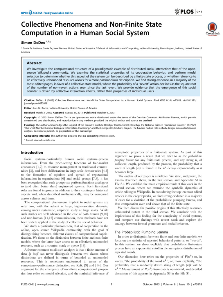 DeDeo - 2013 - Collective Phenomena and Non-Finite State Computation in A Human Social System ...