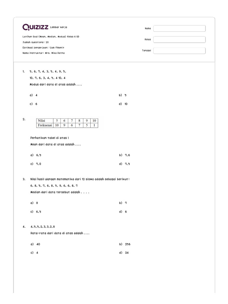 Latihan Soal (Mean, Median, Modus) Kelas 6 SD - Quizizz | PDF