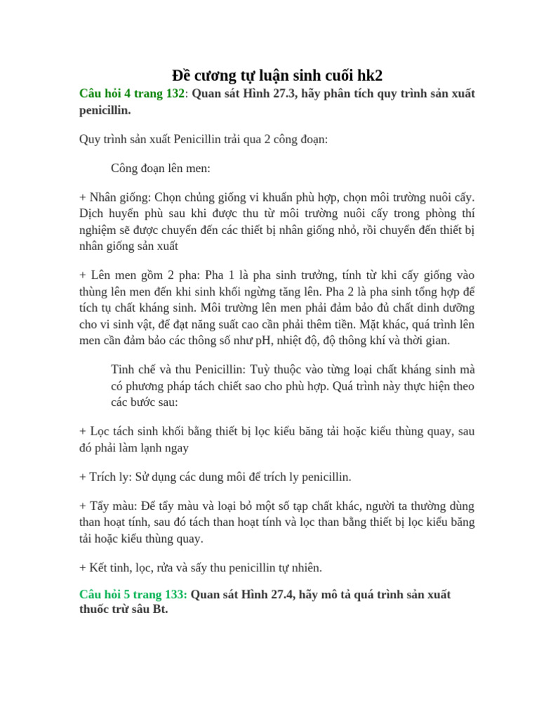 Đề cương tự luận sinh cuối hk2 | PDF