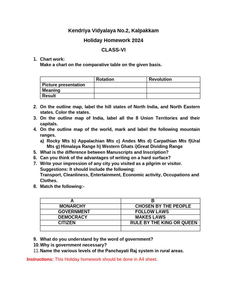 Class VI Holiday Homework 2024 Guide | PDF