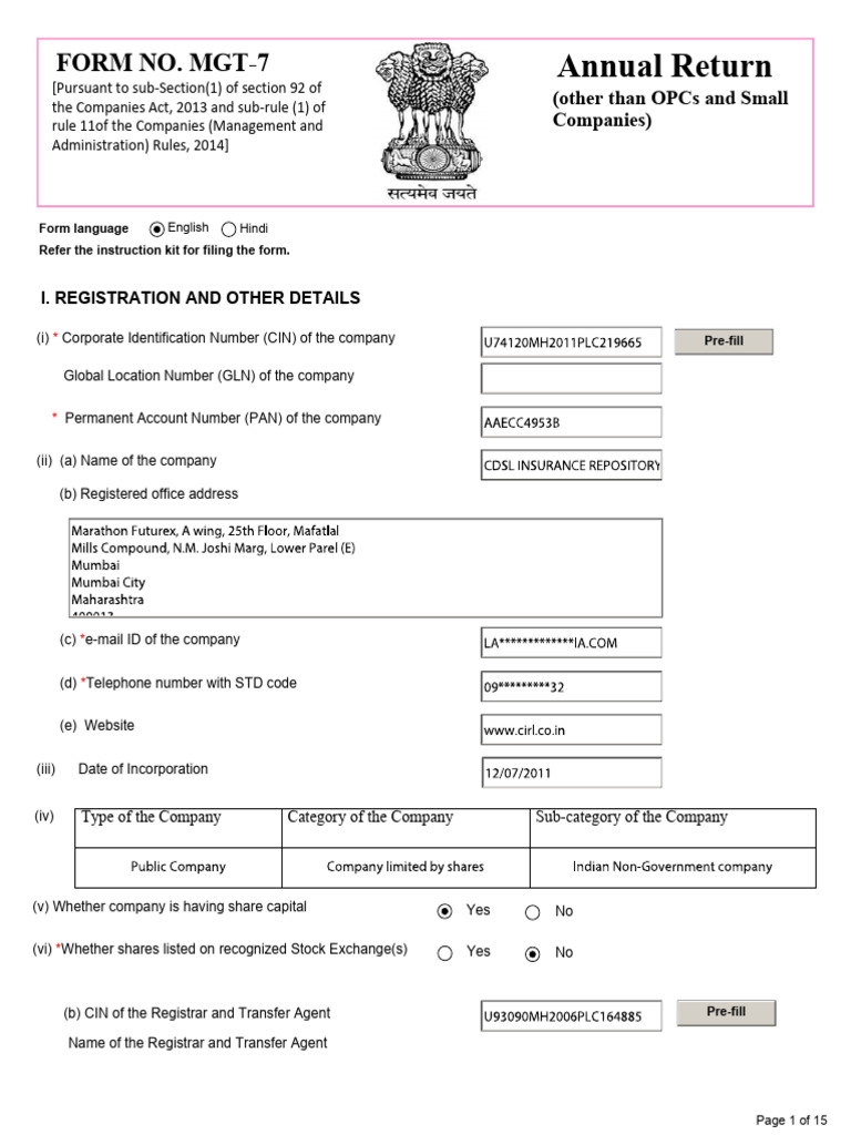 Annual Return Form MGT-7 Overview | PDF | Securities (Finance) | Share ...