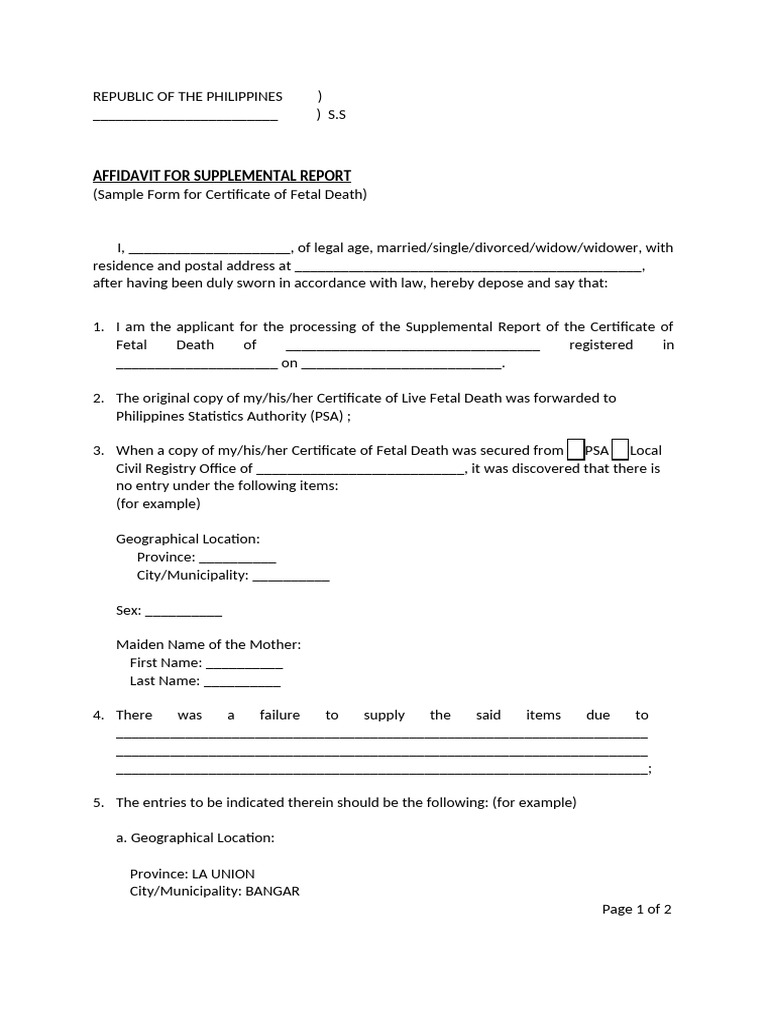 Proforma Affidavit For Supplemental Report - CERTIFICATE OF Fetal DEATH ...