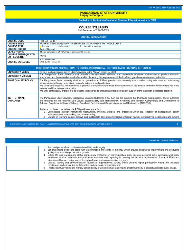 New Course-Syllabus-Prof. Ed. TVL 117 Workbased Learning | PDF ...