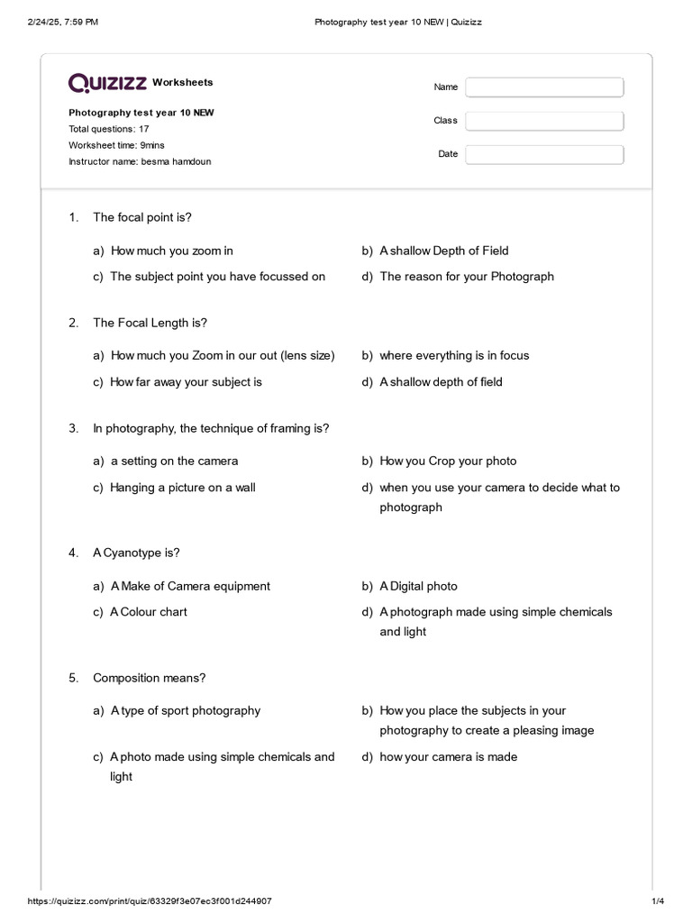 Year 10 Photography Test Worksheet | PDF | Camera | Shutter Speed