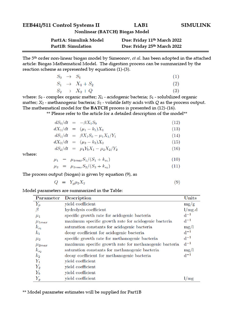 EEB441-511 LAB1 SIMULINK Nonliner Biogas Model 2022 | PDF